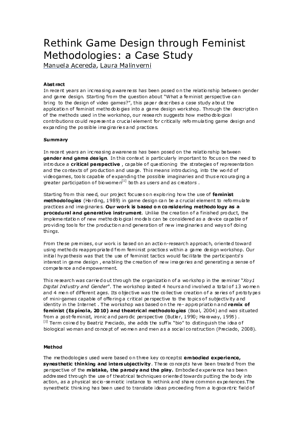 (PDF) Rethink Game Design through Feminist Methodologies: a Case Study