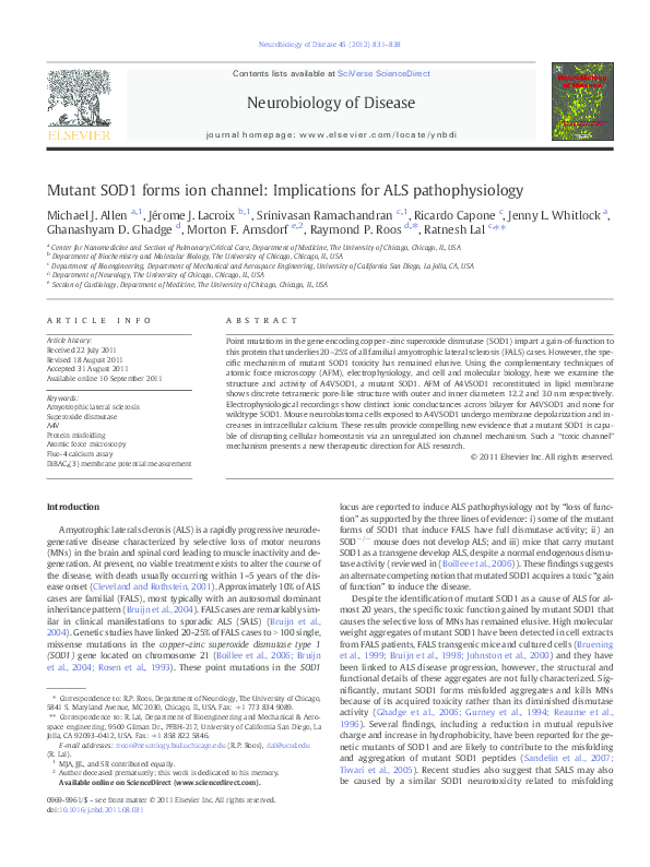 (PDF) Mutant SOD1 forms ion channel: Implications for ALS pathophysiology