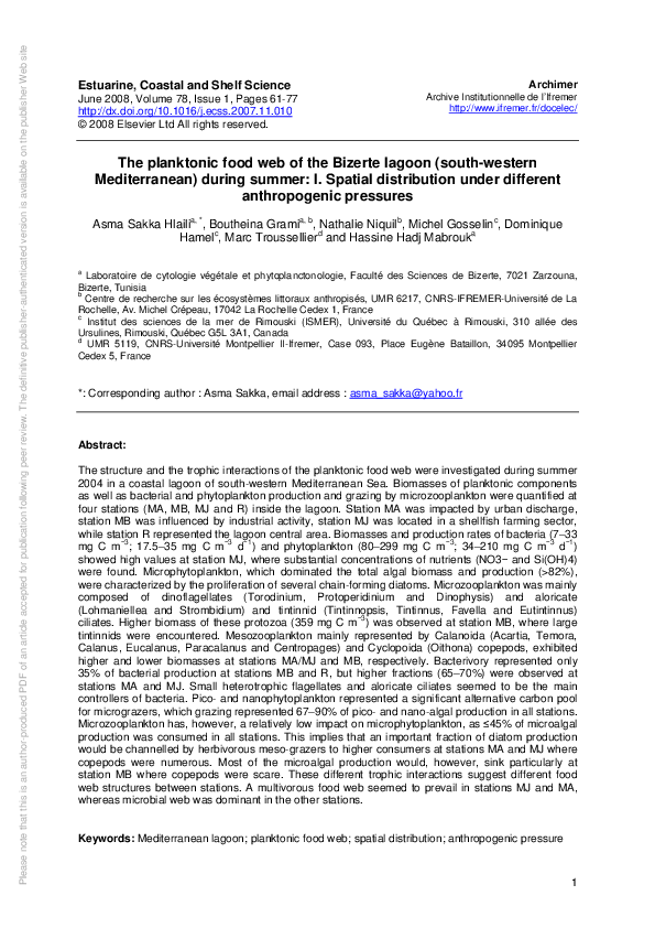 (PDF) The planktonic food web of the Bizerte lagoon (south-western Mediterranean) during summer ...