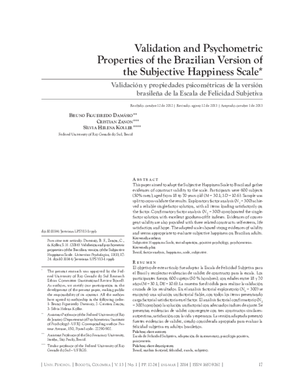 (PDF) Validation and Psychometric Properties of the Brazilian Version of the Subjective ...