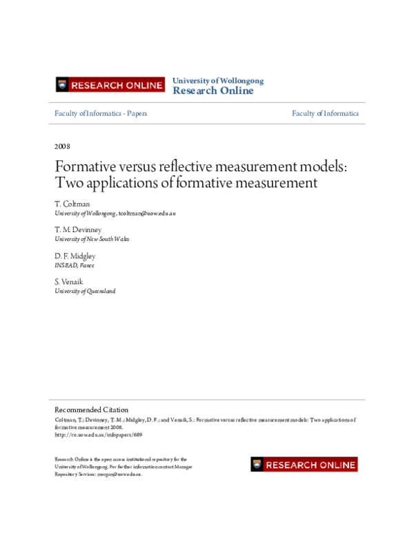 (PDF) Formative Versus Reflective Measurement Models: Two Applications ...