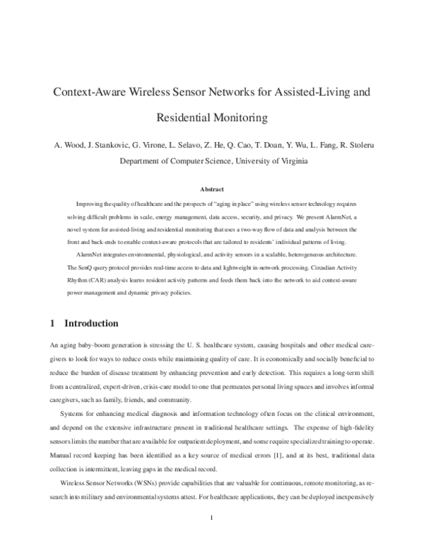 (PDF) Context-aware wireless sensor networks for assisted living and residential monitoring