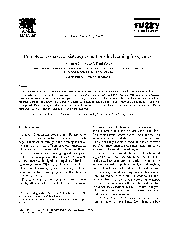 (PDF) Completeness and consistency conditions for learning fuzzy rules