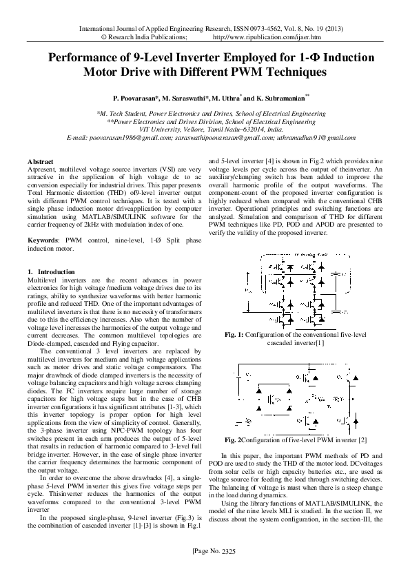 Performance Of 9 Level Inverter Employed For 1 Ф Induction Motor Drive With Different Pwm Techniques