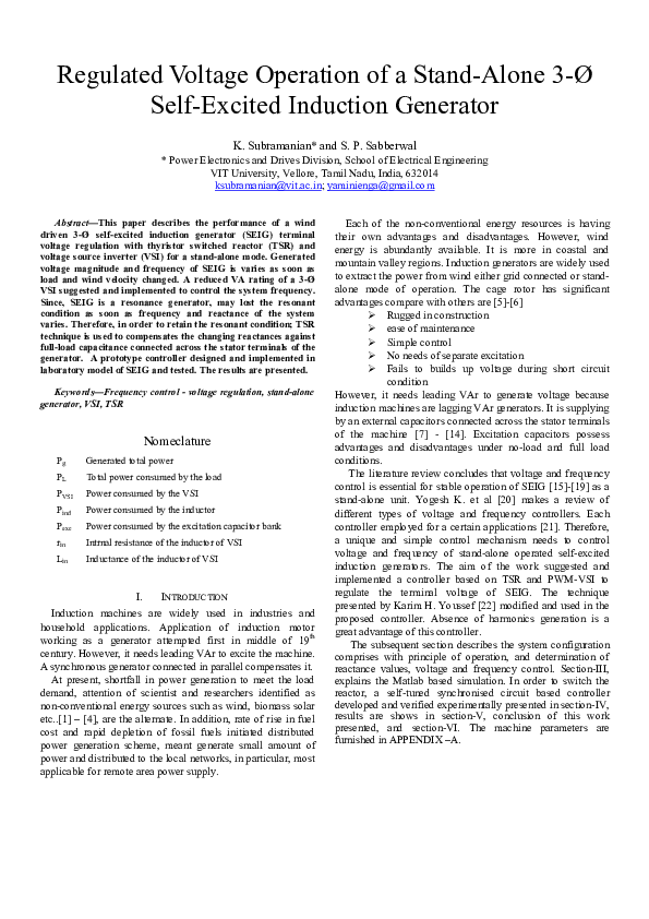 Regulated Voltage Operation Of A Stand Alone 3 Ø Self Excited Induction Generator