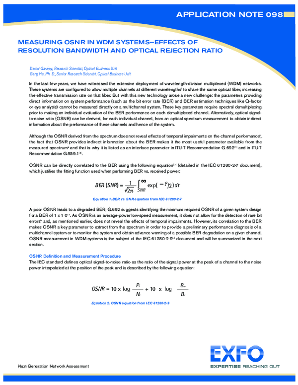 (PDF) MEASURING OSNR IN WDM SYSTEMS—EFFECTS OF RESOLUTION BANDWIDTH AND OPTICAL REJECTION RATIO