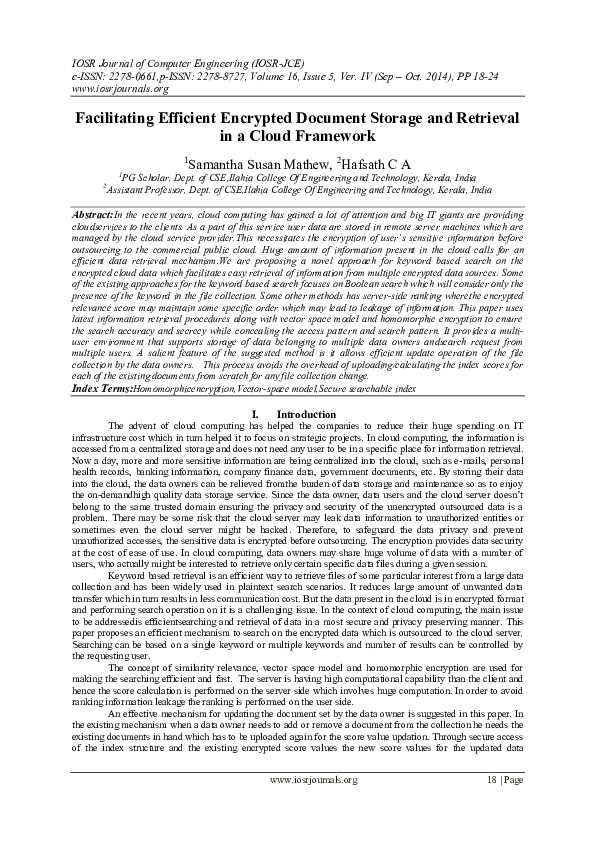 Pdf Facilitating Efficient Encrypted Document Storage And Retrieval In A Cloud Framework 1