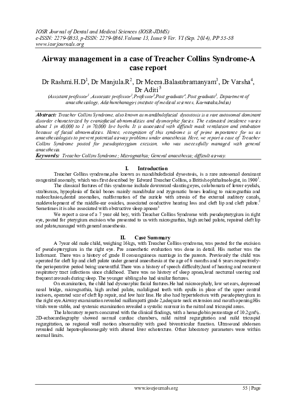 (PDF) Airway management in a case of Treacher Collins Syndrome-A case ...