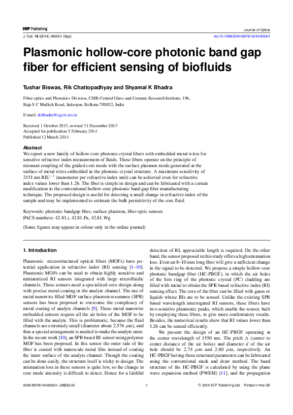 (PDF) Plasmonic hollow-core photonic band gap fiber for efficient sensing of biofluids