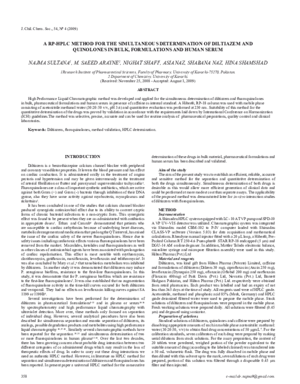 (PDF) A RP-HPLC METHOD FOR THE SIMULTANEOUS DETERMINATION OF DILTIAZEM AND QUINOLONES IN BULK ...