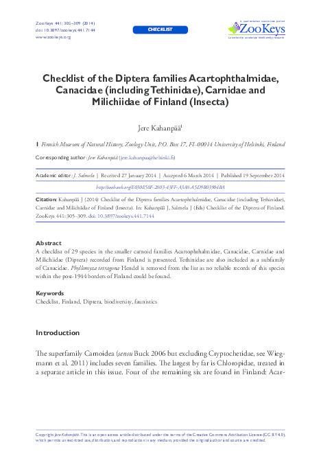 (PDF) Checklist of the Diptera families Acartophthalmidae, Canacidae ...