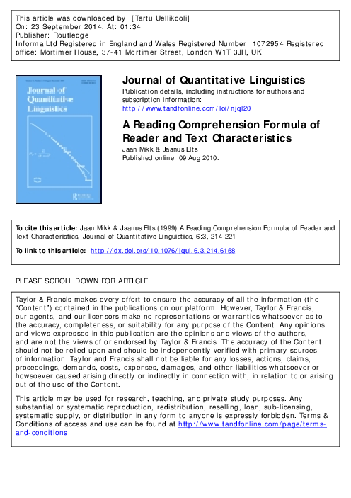 (PDF) A Reading Comprehension Formula of Reader and Text Characteristics
