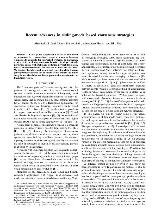 (PDF) Recent advances in sliding-mode based consensus strategies