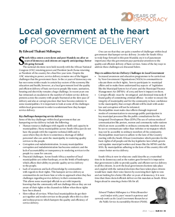 (PDF) 20 Years After Democracy Local Government in SA Remains a Challenge