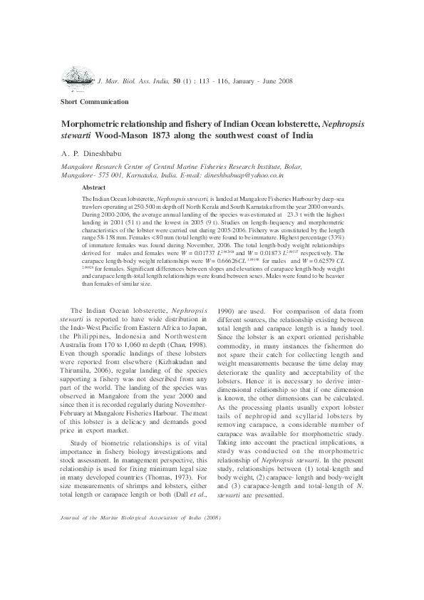 (PDF) Morphometric relationship and fishery of Indian Ocean lobsterette ...