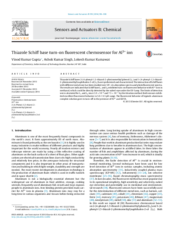 (PDF) Thiazole Schiff base turn-on fluorescent chemosensor for Al3+ ion
