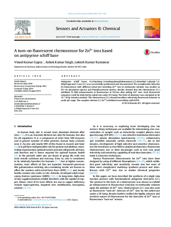 (PDF) A turn-on fluorescent chemosensor for Zn2+ ions based on antipyrine schiff base