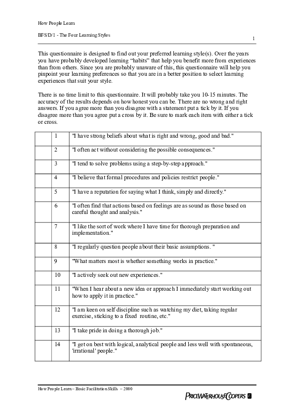 (DOC) LEARNING STYLES QUESTIONNAIRE