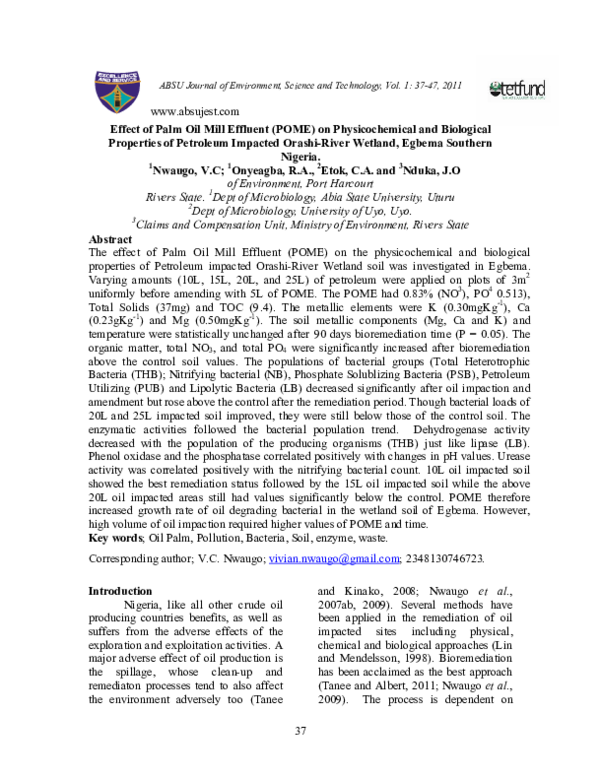 (PDF) Effect of Palm Oil Mill Effluent (POME) on Physicochemical and ...
