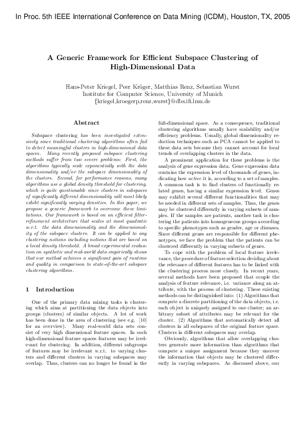 Pdf A Generic Framework For Efficient Subspace Clustering Of High Dimensional Data