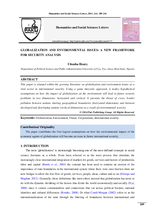 GLOBALIZATION AND ENVIRONMENTAL ISSUES: A NEW FRAMEWORK FOR SECURITY ...