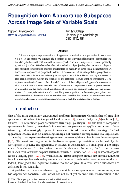 Pdf Recognition From Appearance Subspaces Across Image Sets Of Variable Scale
