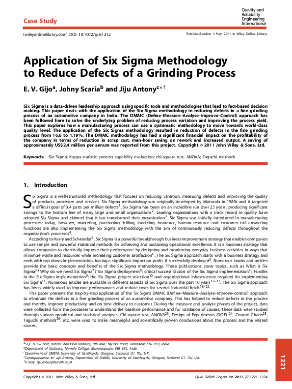 (PDF) Application of Six Sigma Methodology to reduce defects of a ...