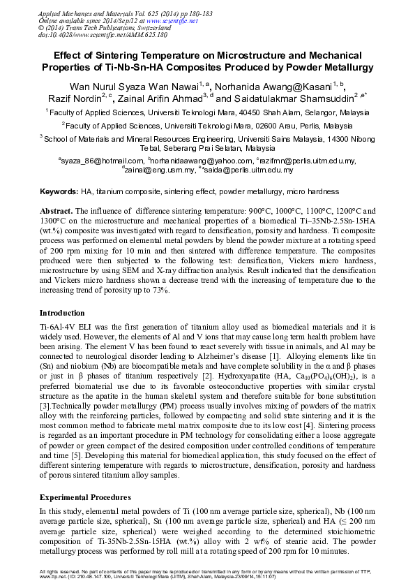 (PDF) Effect of Sintering Temperature on Microstructure and Mechanical Properties of Ti-Nb-Sn-HA ...