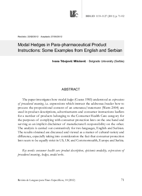 (PDF) Modal Hedges in Para-pharmaceutical Product Instructions: Some ...