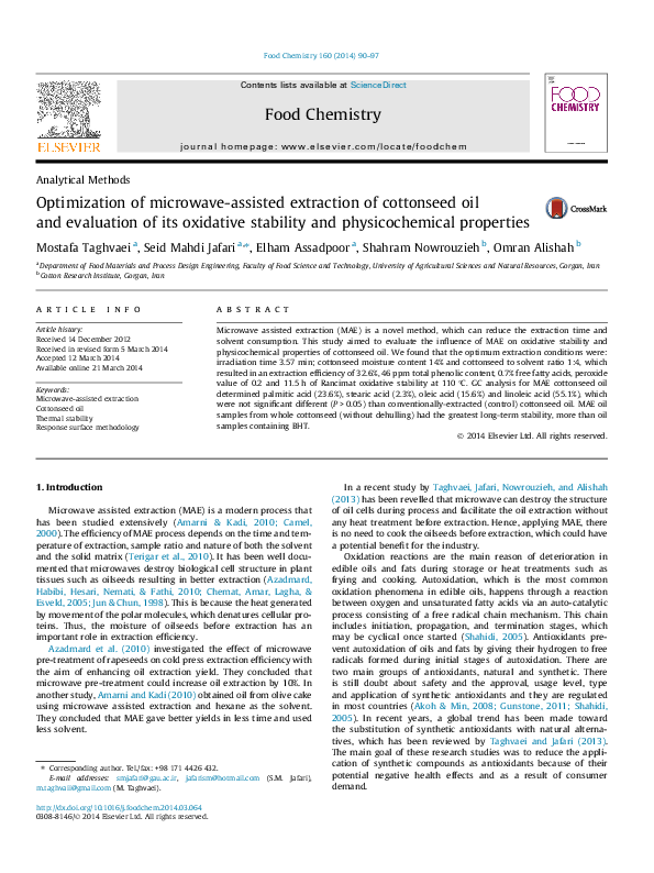 Pdf Optimization Of Microwave Assisted Extraction Of Cottonseed Oil And Evaluation Of Its O