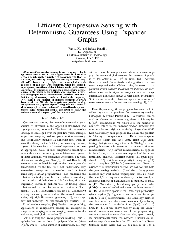 Pdf Efficient Compressive Sensing With Deterministic Guarantees Using Expander Graphs