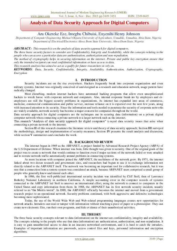 Analysis of Data Security Approach for Digital Computers