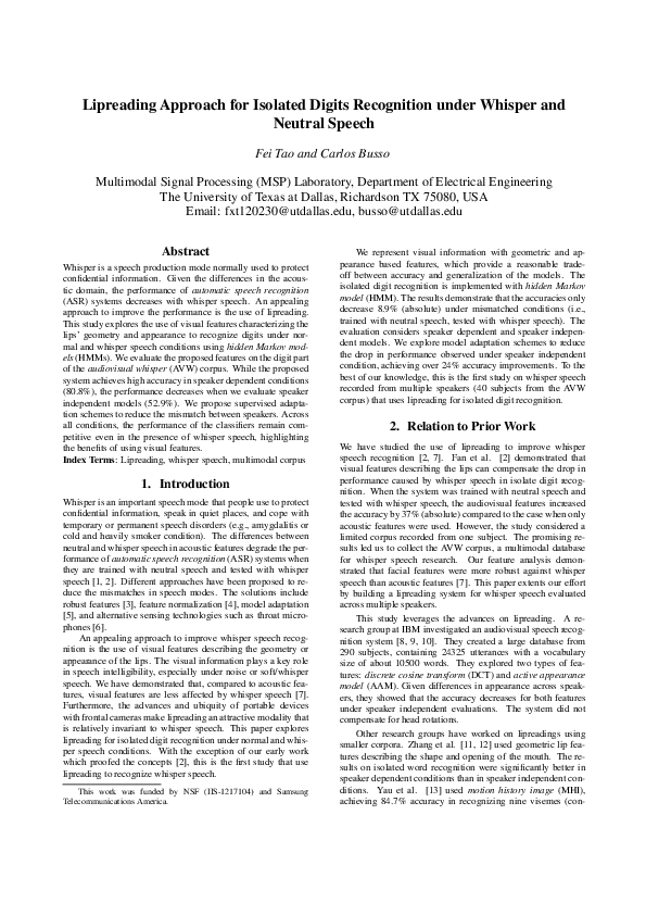Pdf Lipreading Approach For Isolated Digits Recognition Under Whisper And Neutral Speech Fei