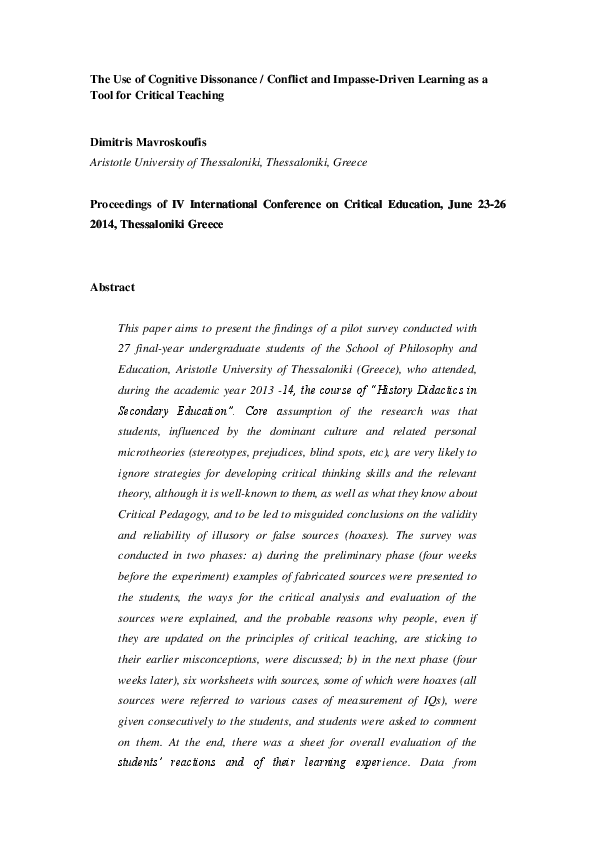 (PDF) THE USE OF COGNITIVE DISSONANCE / CONFLICT AS A TOOL FOR CRITICAL ...