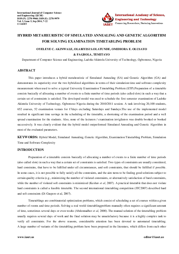 (PDF) HYBRID METAHEURISTIC OF SIMULATED ANNEALING AND GENETIC ALGORITHM FOR SOLVING EXAMINATION ...