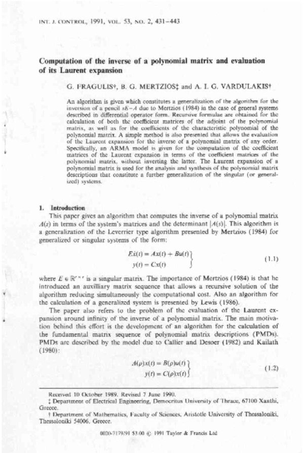 Pdf Computation Of The Inverse Of A Polynomial Matrix And Evaluation