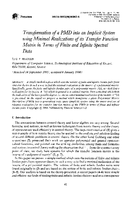 (PDF) Transformation of a PMD into an Implicit System using Minimal Realizations of its Transfer ...