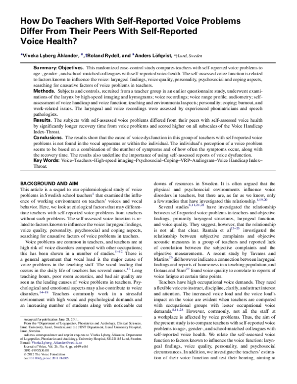 How Do Teachers With Self-Reported Voice Problems Differ From Their ...