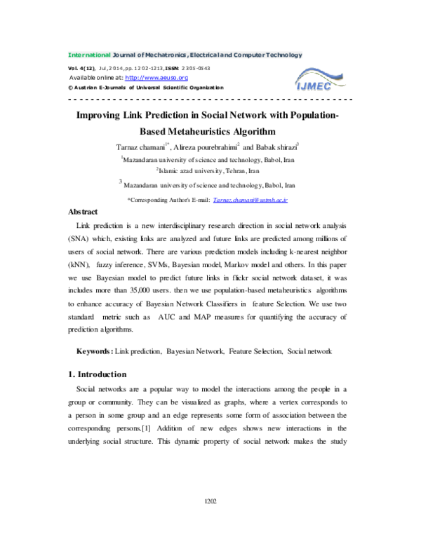 Pdf Improving Link Prediction In Social Network With Population Based Metaheuristics Algorithm