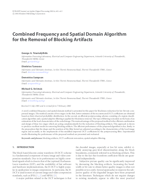 (PDF) Combined Frequency and Spatial Domain Algorithm for the Removal of Blocking Artifacts