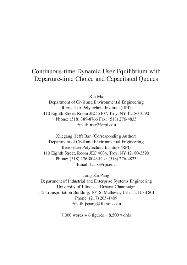 Pdf Continuous Time Dynamic User Equilibrium With Departure Time Choice And Capacitated Queue