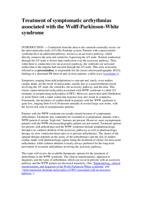 Treatment of symptomatic arrhythmias associated with the Wolff ...