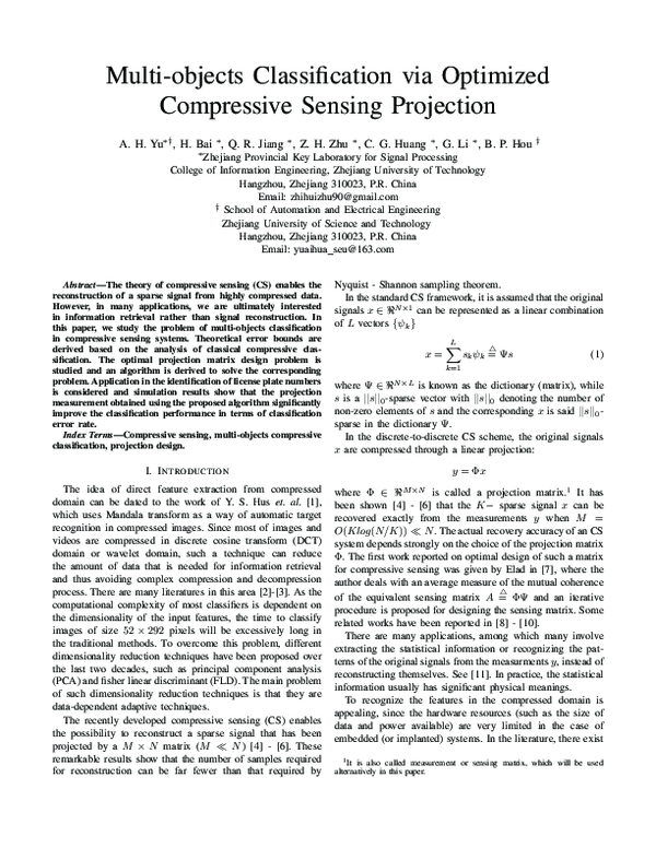 (PDF) Multi-objects Classification via Optimized Compressive Sensing Projection