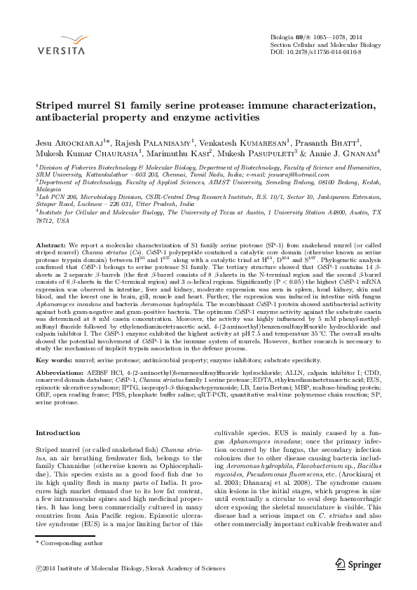 (PDF) Striped murrel S1 family serine protease: immune characterization ...