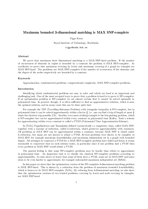 (PDF) Maximum Bounded 3-Dimensional Matching is MAX SNP-Complete