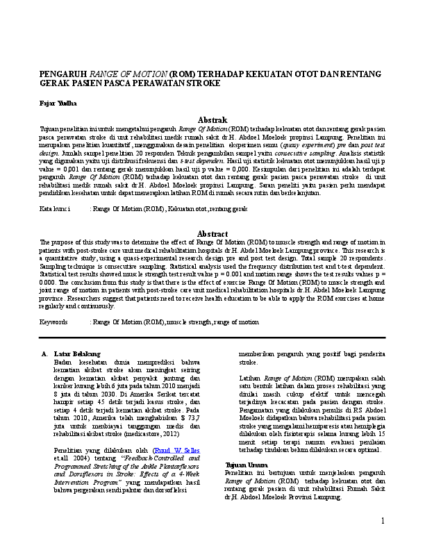 (DOC) Pengaruh Range Of Motion (ROM) terhadap kekuatan otot dan rentang gerak pasien pasca stroke