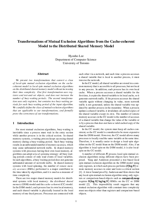 Transformations of mutual exclusion algorithms from the cache-coherent model to the distributed ...