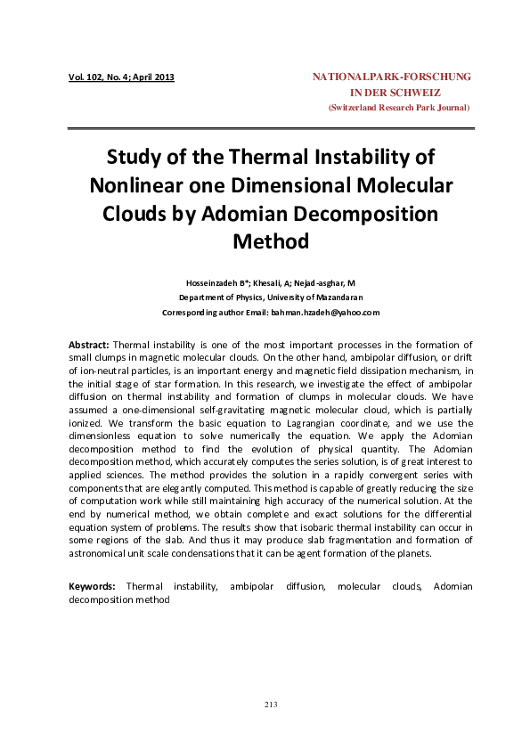 (PDF) Study of the Thermal Instability of Nonlinear one Dimensional Molecular Clouds by Adomian ...