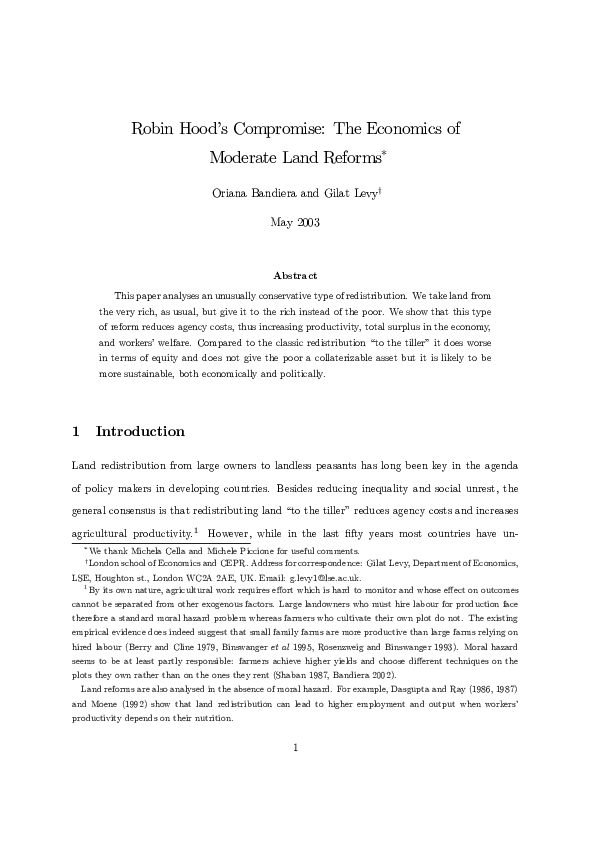 (PDF) Robin Hood's Compromise: The Economics of Moderate Land Reforms ...