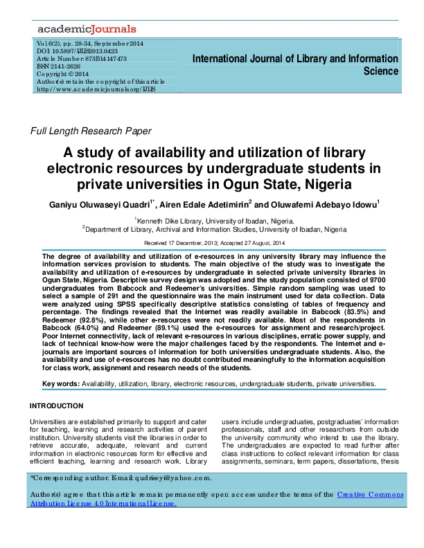 (PDF) A study of availability and utilization of library electronic resources by undergraduate ...